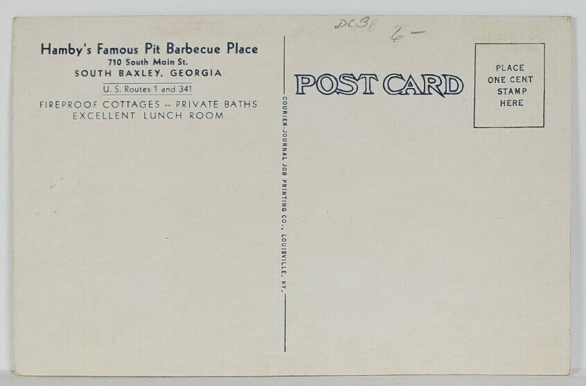 South Baxley Georgia HAMBY'S FAMOUS PIT BARBECUE PLACE Postcard S1 ...