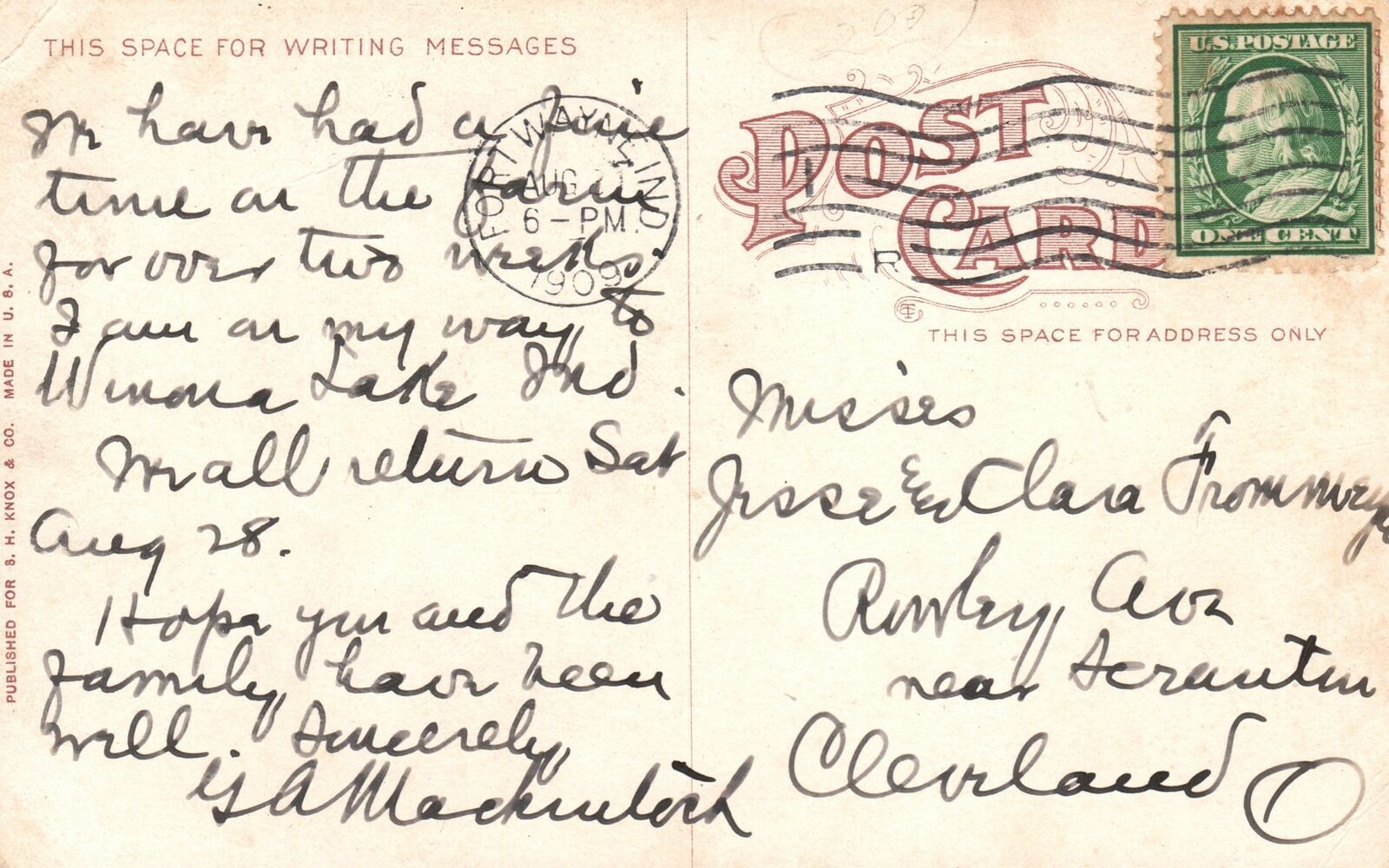 Vintage Postcard 1909 View of Lindenwood Fort Wayne Indiana IN | United ...