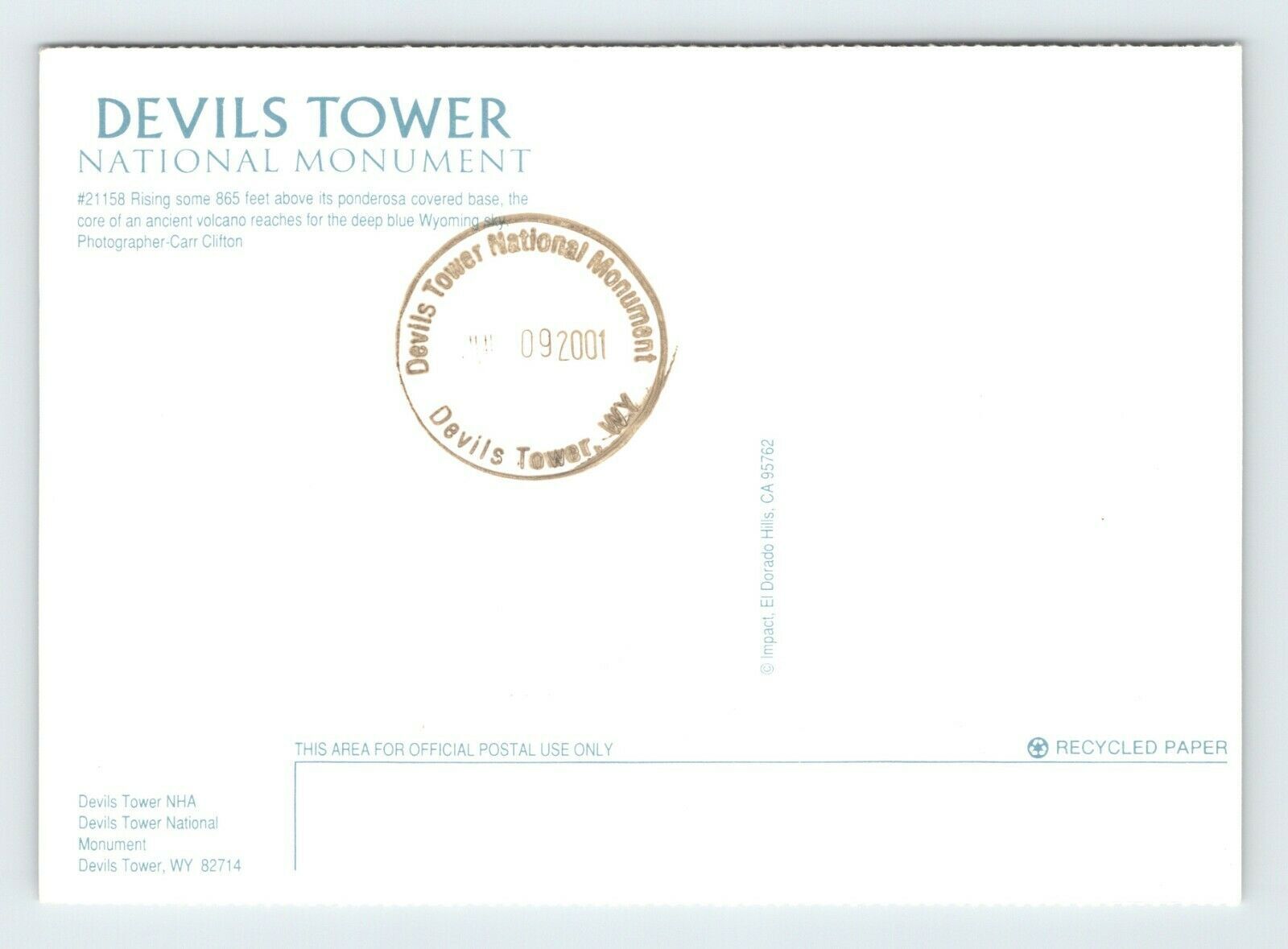Devils Tower National Monument WY 2001 Stamp Core of Ancient Volcano ...