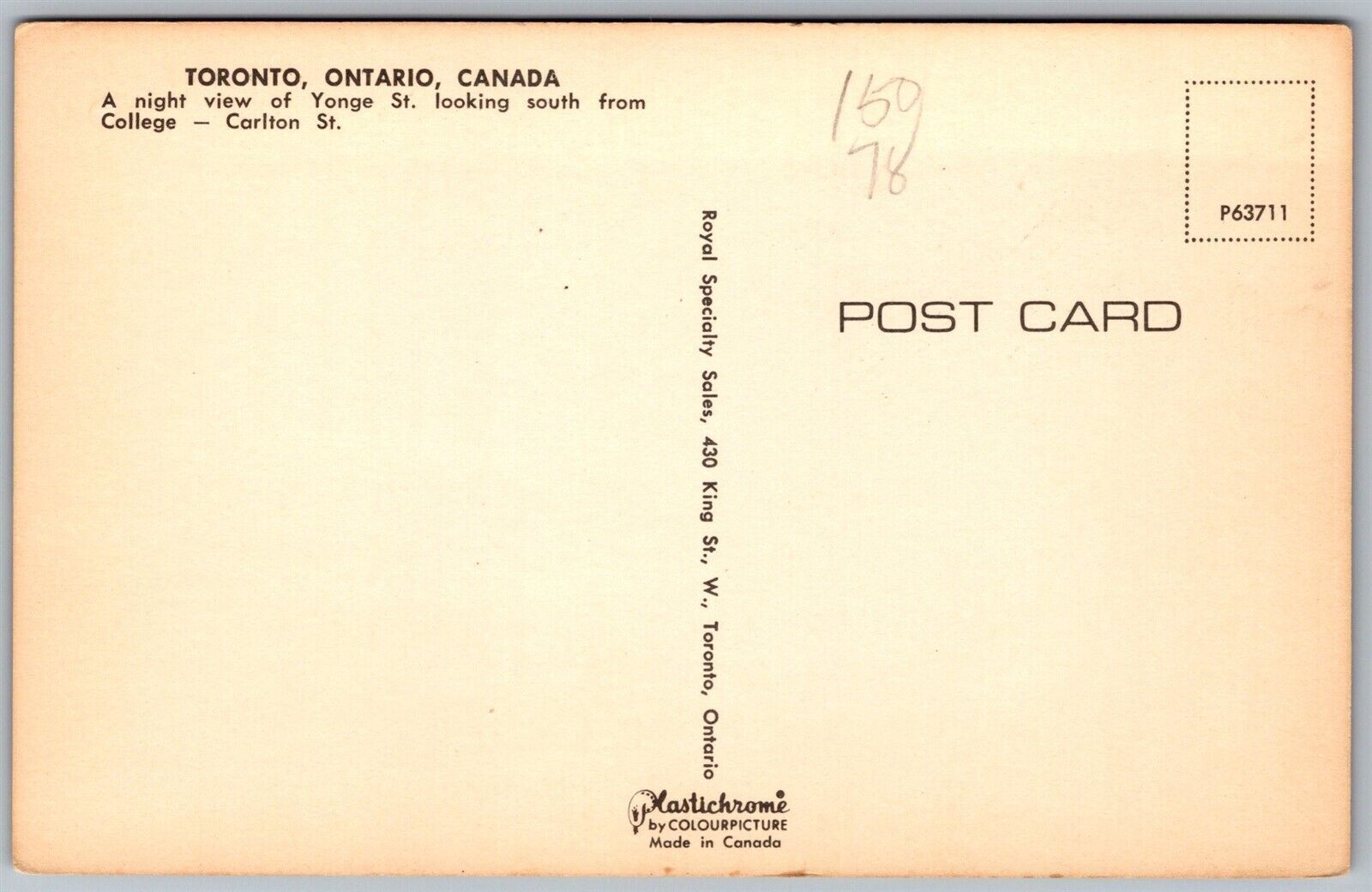 Vtg Toronto Canada Yonge Street View at Night 1960s Unused Chrome ...