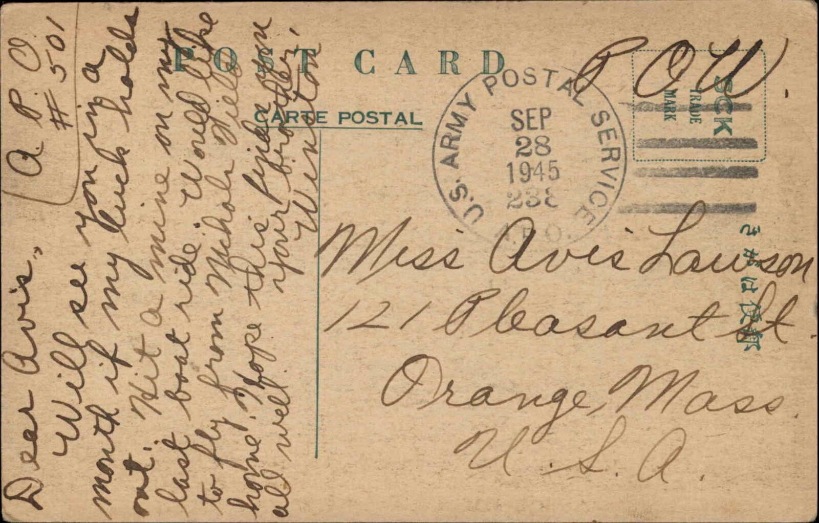 Korea? WWII Correspondence POW Hand Written Cancellation To Orange MA ...