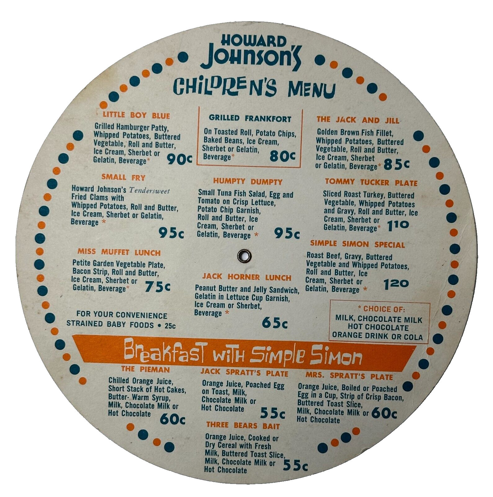 Howard Johnson's Restaurant Children's Know Your States Menu Dial ...