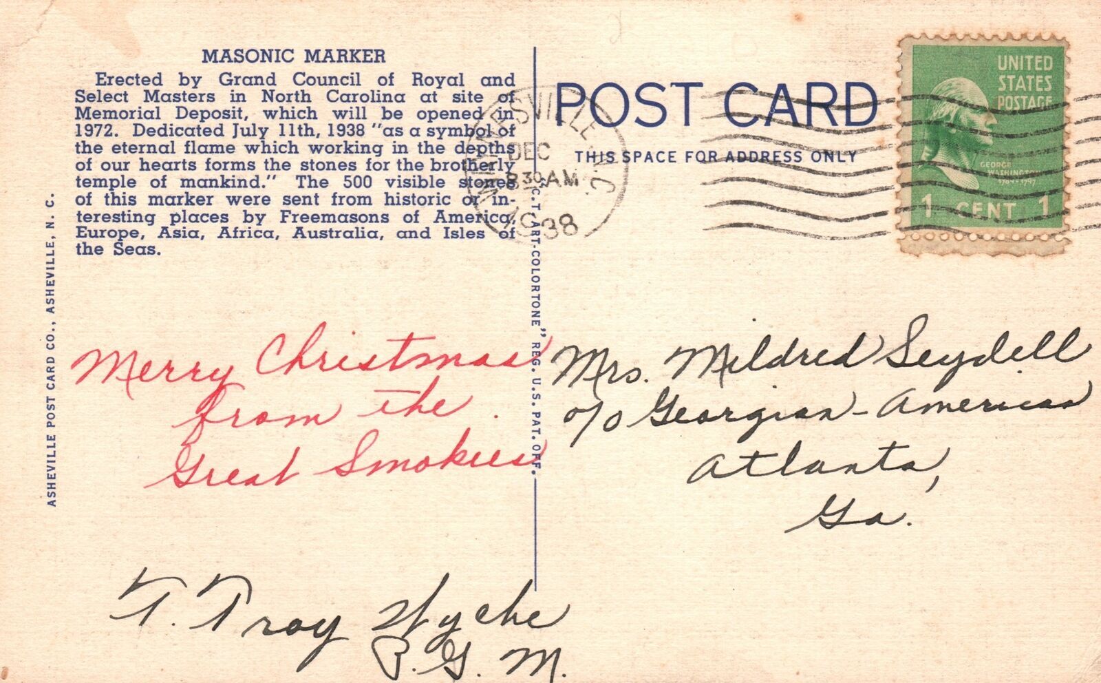 Vintage Postcard 1938 Masonic Marker Black Camp Great Smoky Mountains ...