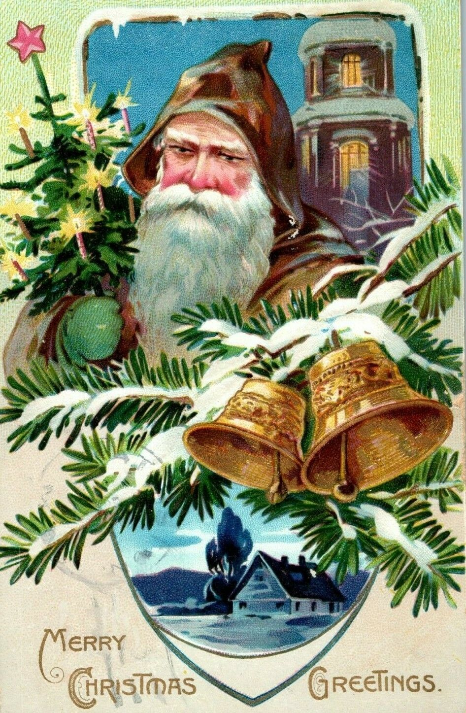 Circa 1910 Raphael Tuck Brown Coat Santa Claus Candle Tree Bells ...