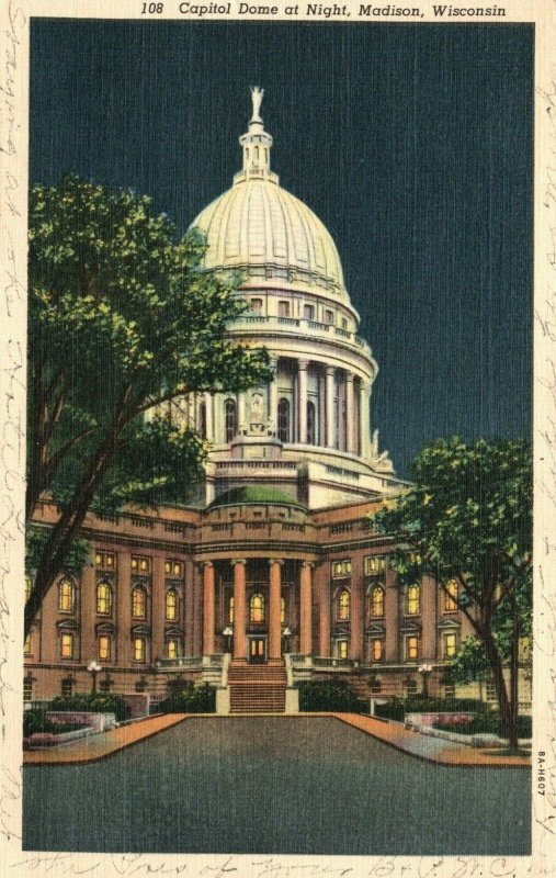 Vintage Postcard 1939 Capital Dome at Night Madison Wisconsin WI ...