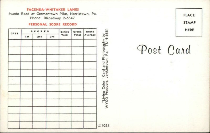 Norristown PA Facenda-Whitaker Lake Bowling Alley Postcard Scorecard on ...