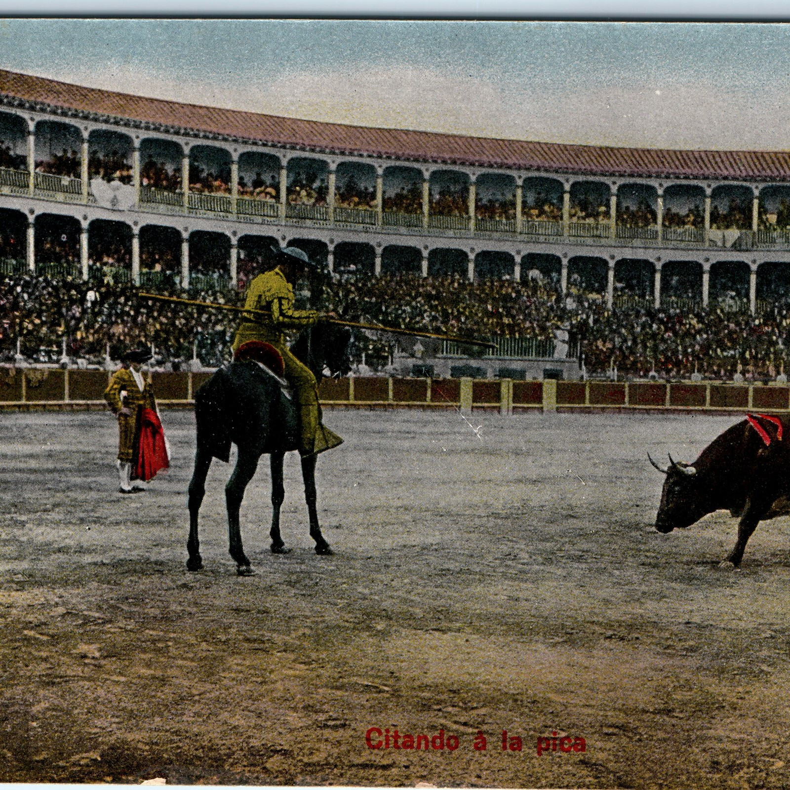 c1910s Spain Bullfighting Arena Gel PC Citando Vida Matador Bull Crowd ...