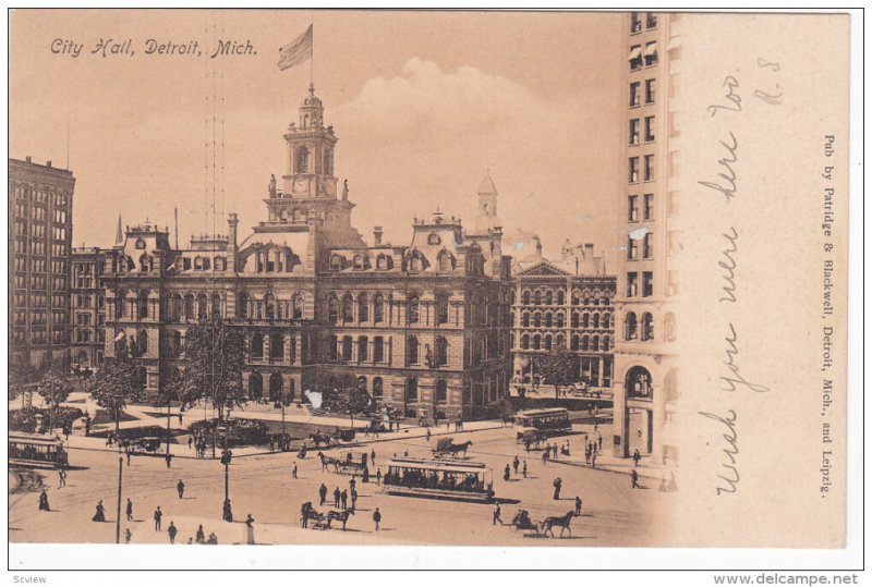 DETROIT, Michigan, 1900-1910´s; City Hall, Clable Cars, Horse Carriages ...
