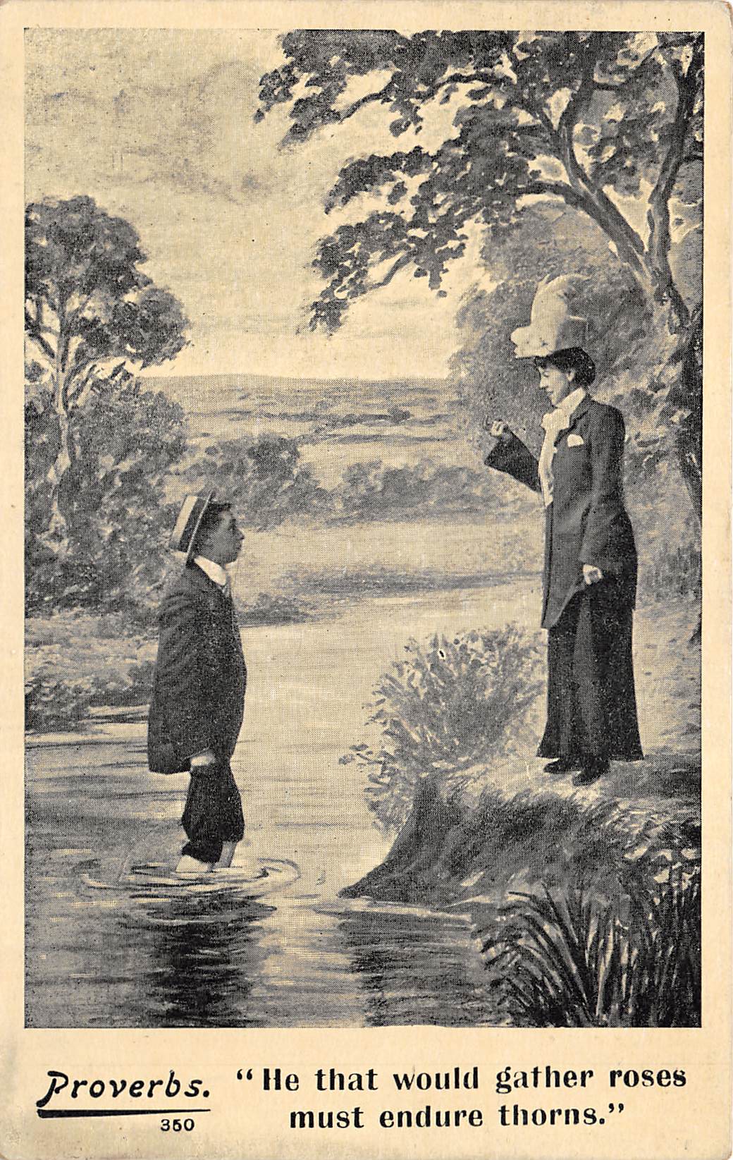 Romantic Couple 1907 Postcard Proverbs He Gather Roses Must Endure ...