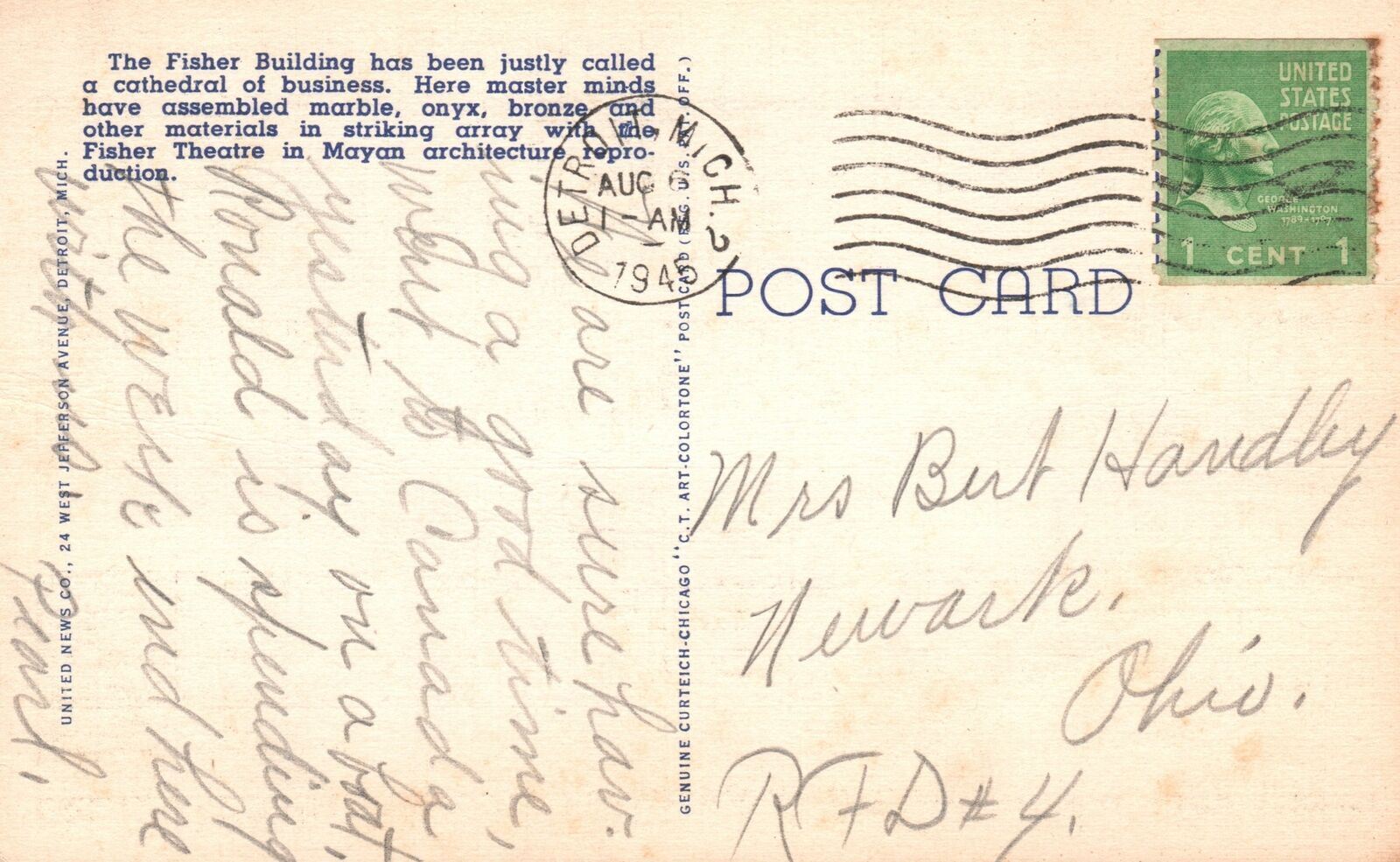 Vintage Postcard 1945 Fisher Building Cathedral Of Business Detroit ...