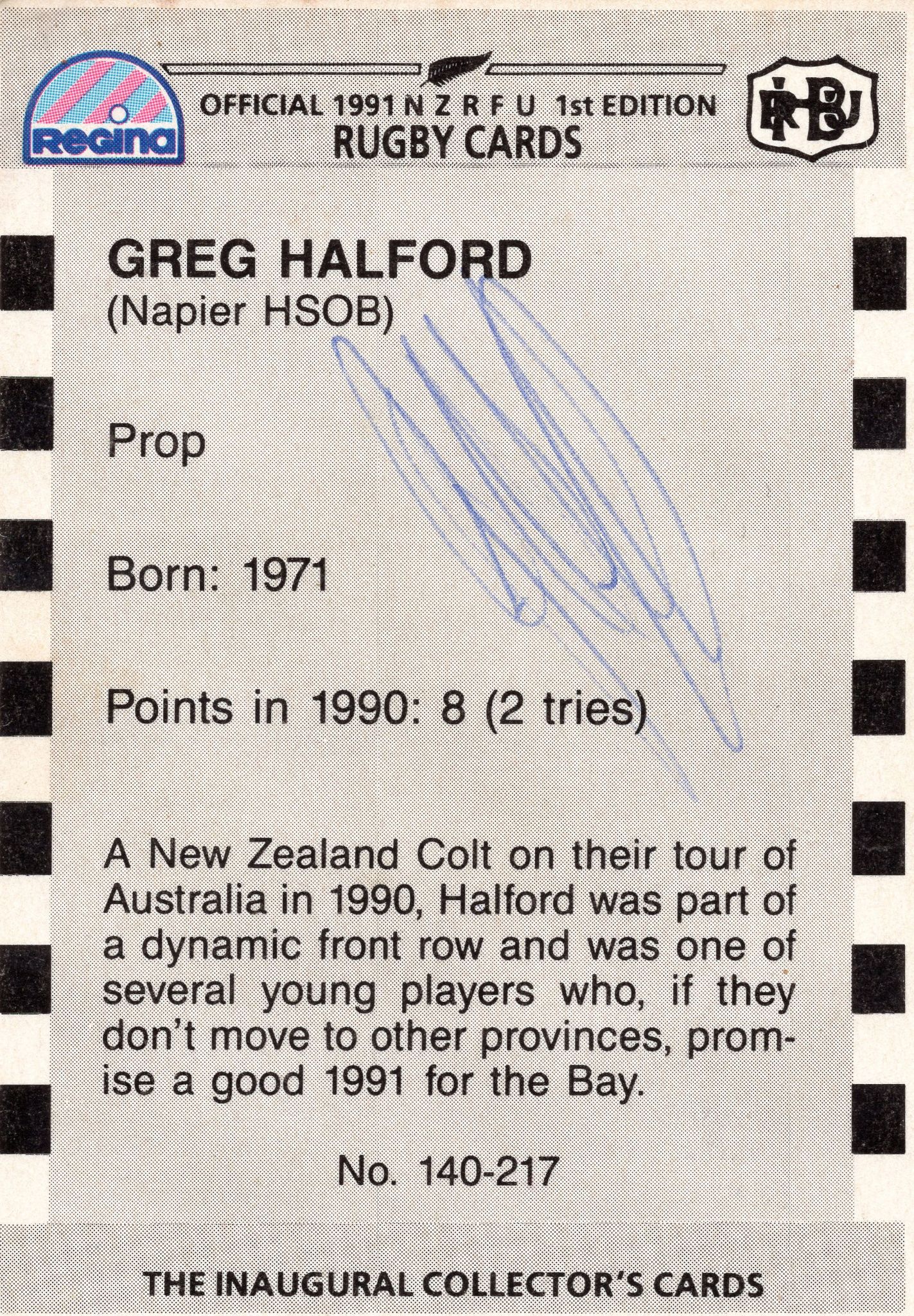 Greg Halford Hawkes Bay NZ Rugby Team 1991 Hand Signed Card Photo ...