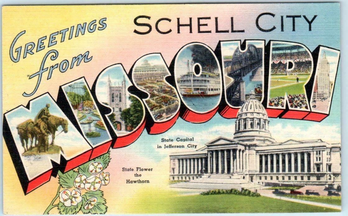 Large Letter Linen SCHELL CITY, MISSOURI MO Vernon County 1940s Tichnor ...