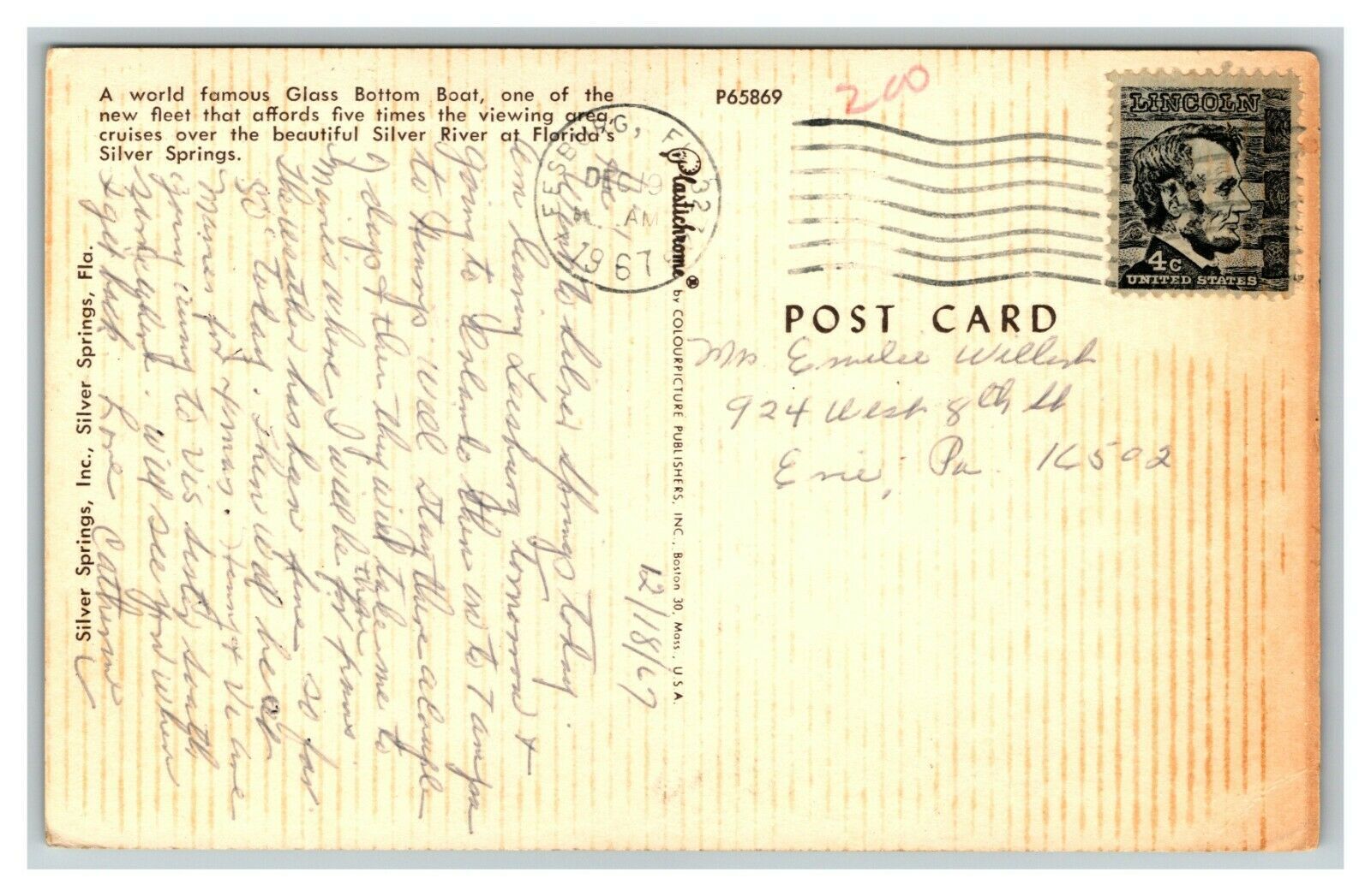 Vintage 1967 Postcard Glass Bottom Boat Silver River at Silver Springs ...