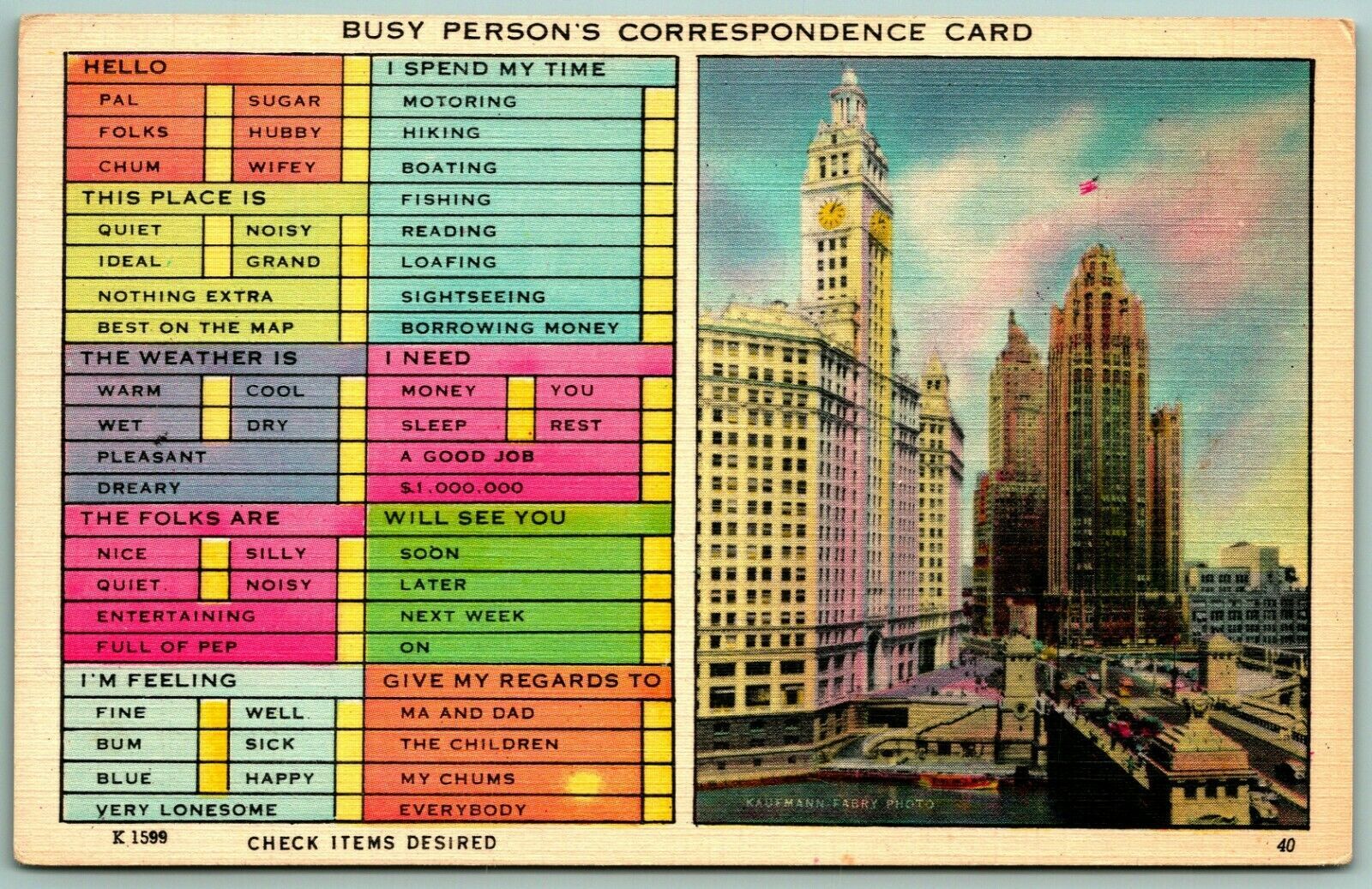 Busy Person Correspondence Checklist Card Chicago UNP Unused Linen ...