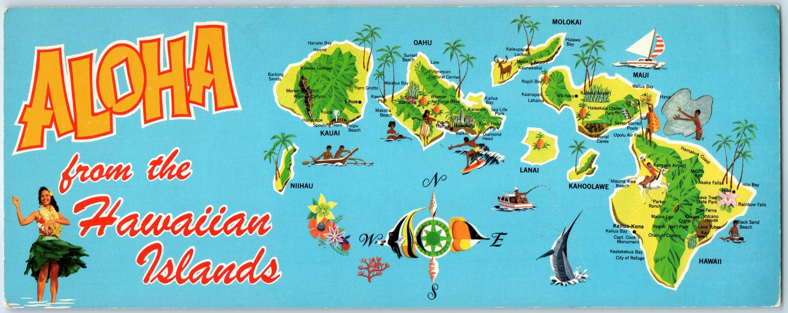 c1970s HI Hawaii Aloha from Hawaiian Islands Map Hula Art Oversized ...
