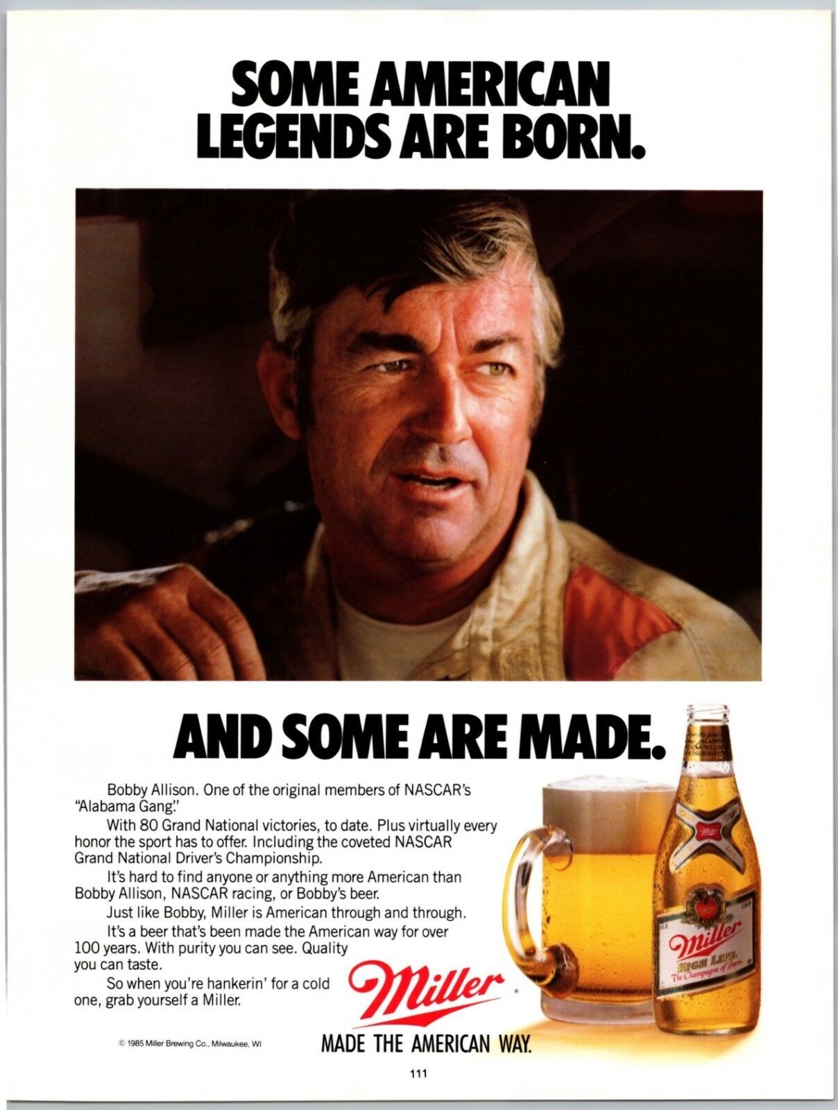 1985 Bobby Allison Miller High Life Nascar Print Ad N1 | Ephemera ...