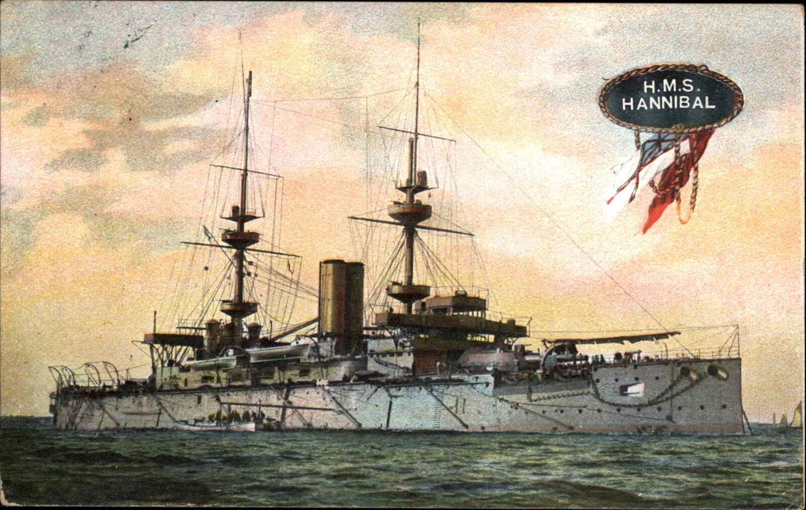 Antique BRITISH NAVY Battleship Military SHIP HMS Hannibal Postcard ...