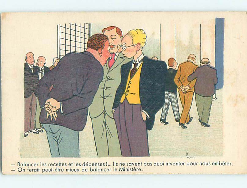 Pre-Linen foreign signed COMIC - FRENCH BUSINESSMEN IN SUITS TALKING ...