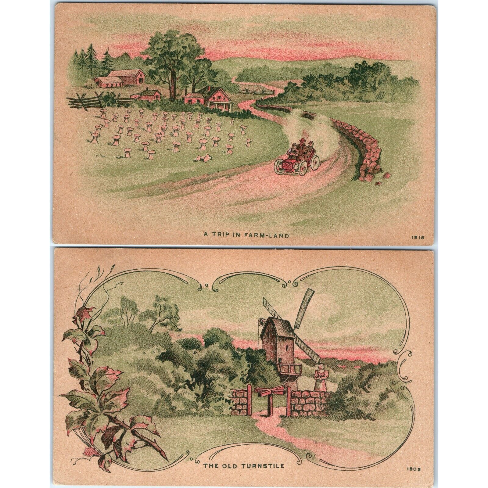 x2 SET c1910s Farm Land Art Postcard Lot Turnstile Windmill Car ...
