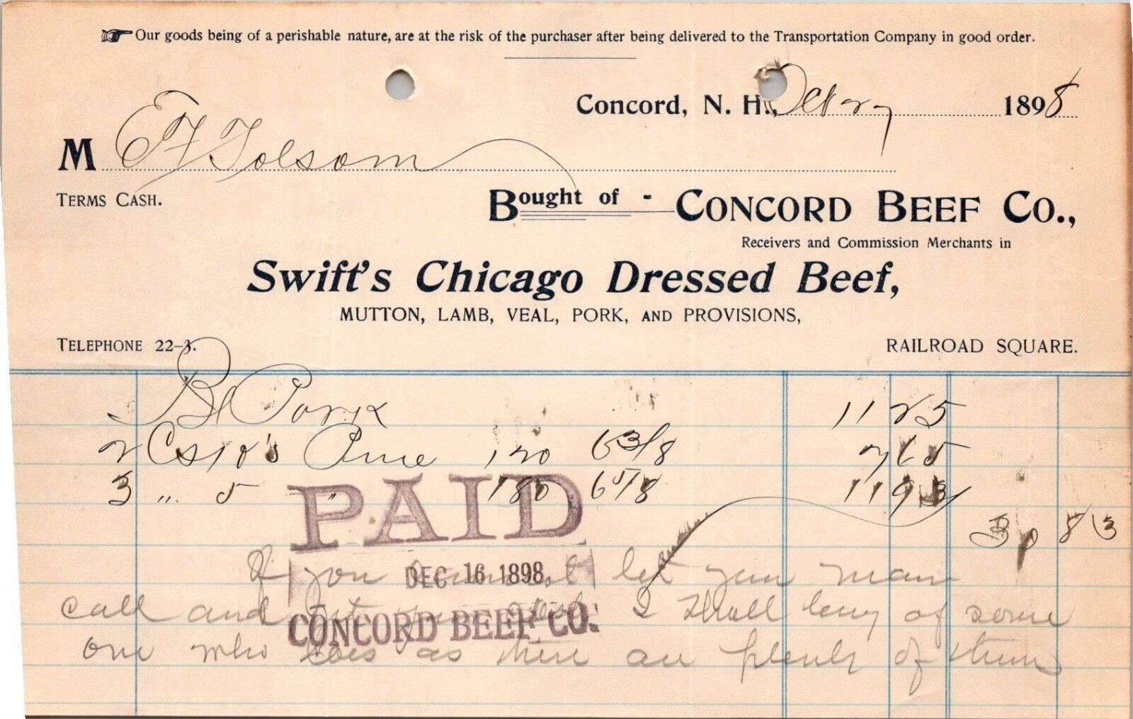 1899 Swifts Chicago Dressed Beef Pork Veal Mutton Provisions Concord NH ...