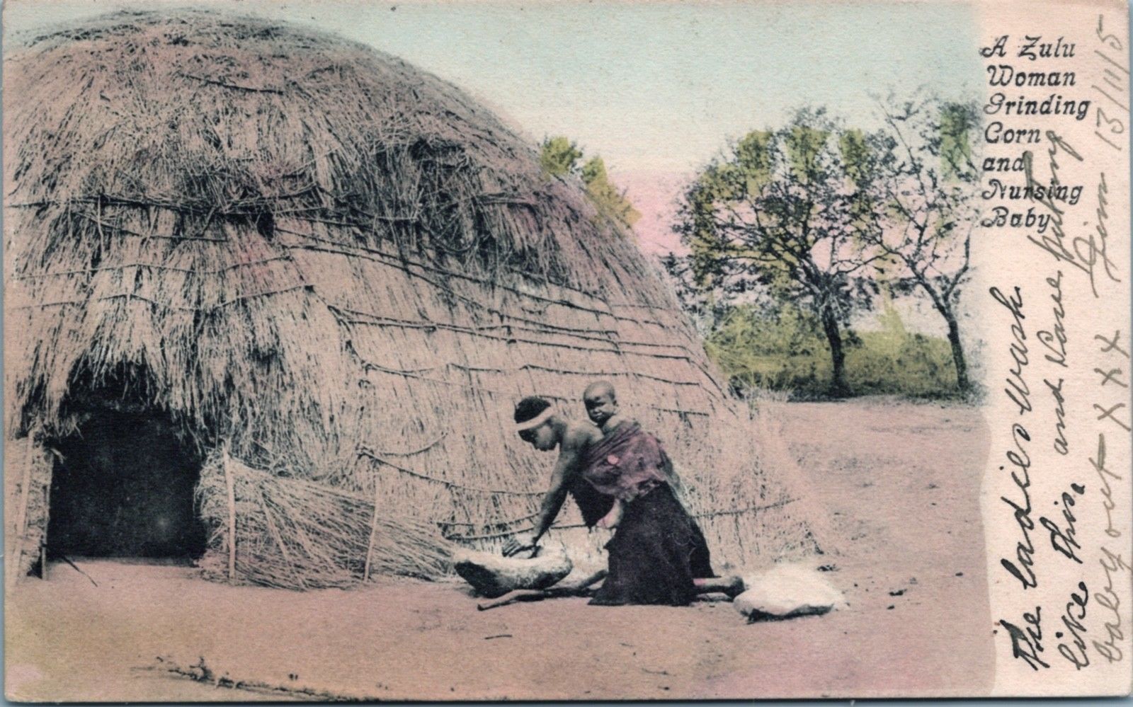 Zulu Woman Grinding Corn and Nursing Baby South Africa 1905 Antique ...