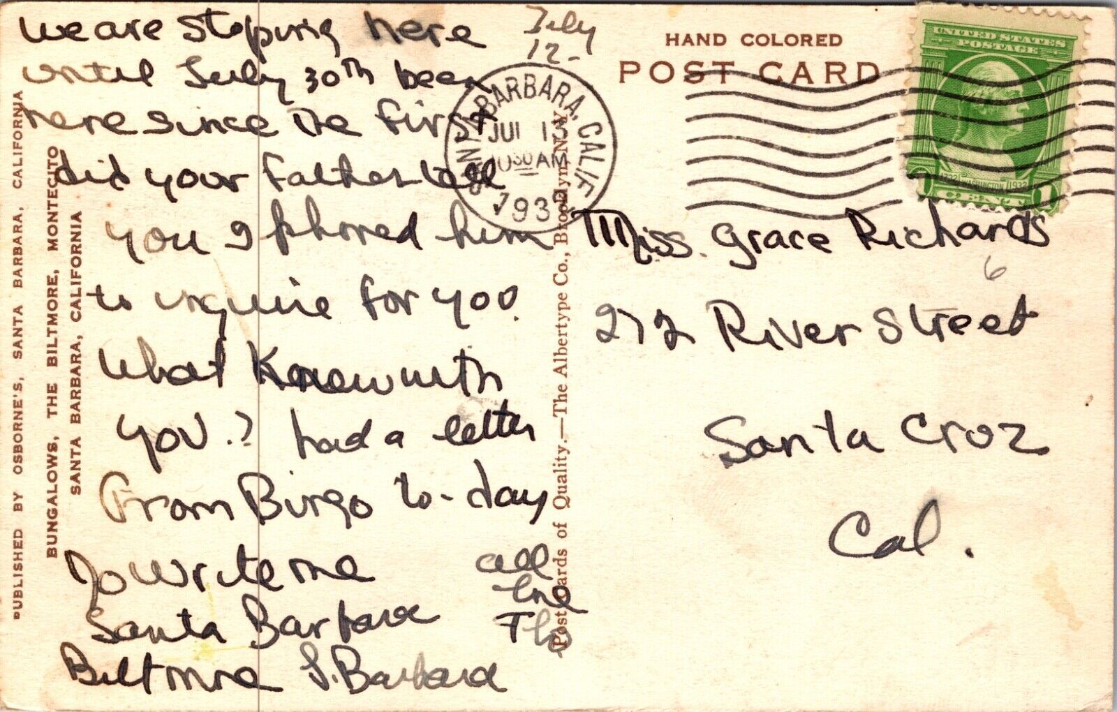 Hand Colored PC Bungalows, The Biltmore, Montecito, Santa Barbara ...