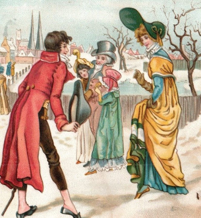 1880s Lovely Street Town Scene Christmas People Regency Era Clothing #7A | Ephemera - Chromo ...