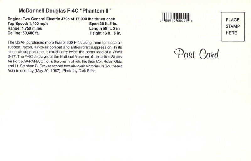 Cold War Era, McDonnell Douglas F-4C Phanton II, Vietnam Era ,Postcard ...