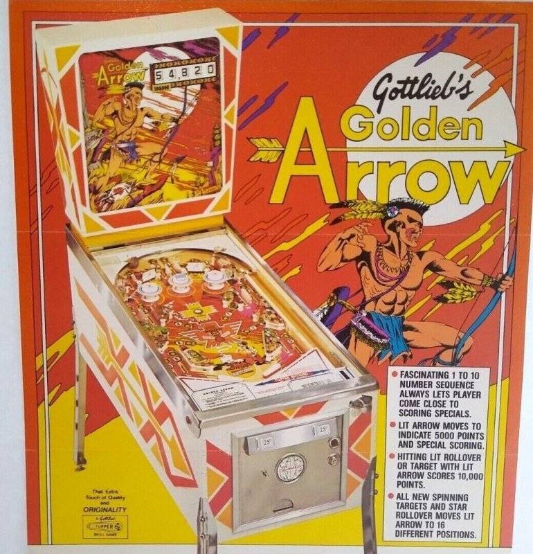 Golden Arrow Pinball Machine Flyer Vintage Gottlieb Game Artwork 8.5" x ...