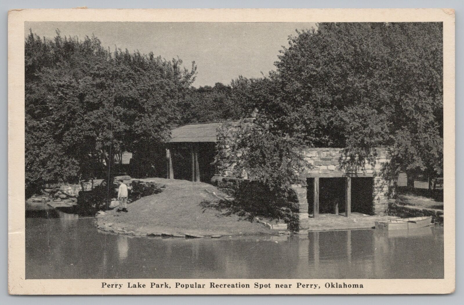 Perry Oklahoma~Perry Lake Park Boat House & Pavilion~Fella Fishing~1947 ...