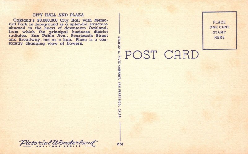 Vintage Postcard City Hall & Memorial Plaza Memorial Park Oakland ...