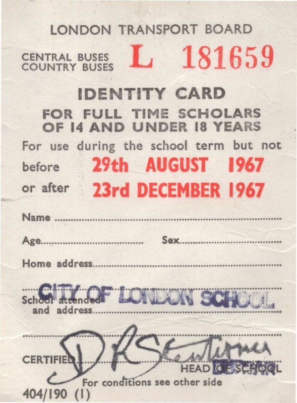 1967 City Of London School Identity Card Bus Transport | Topics ...