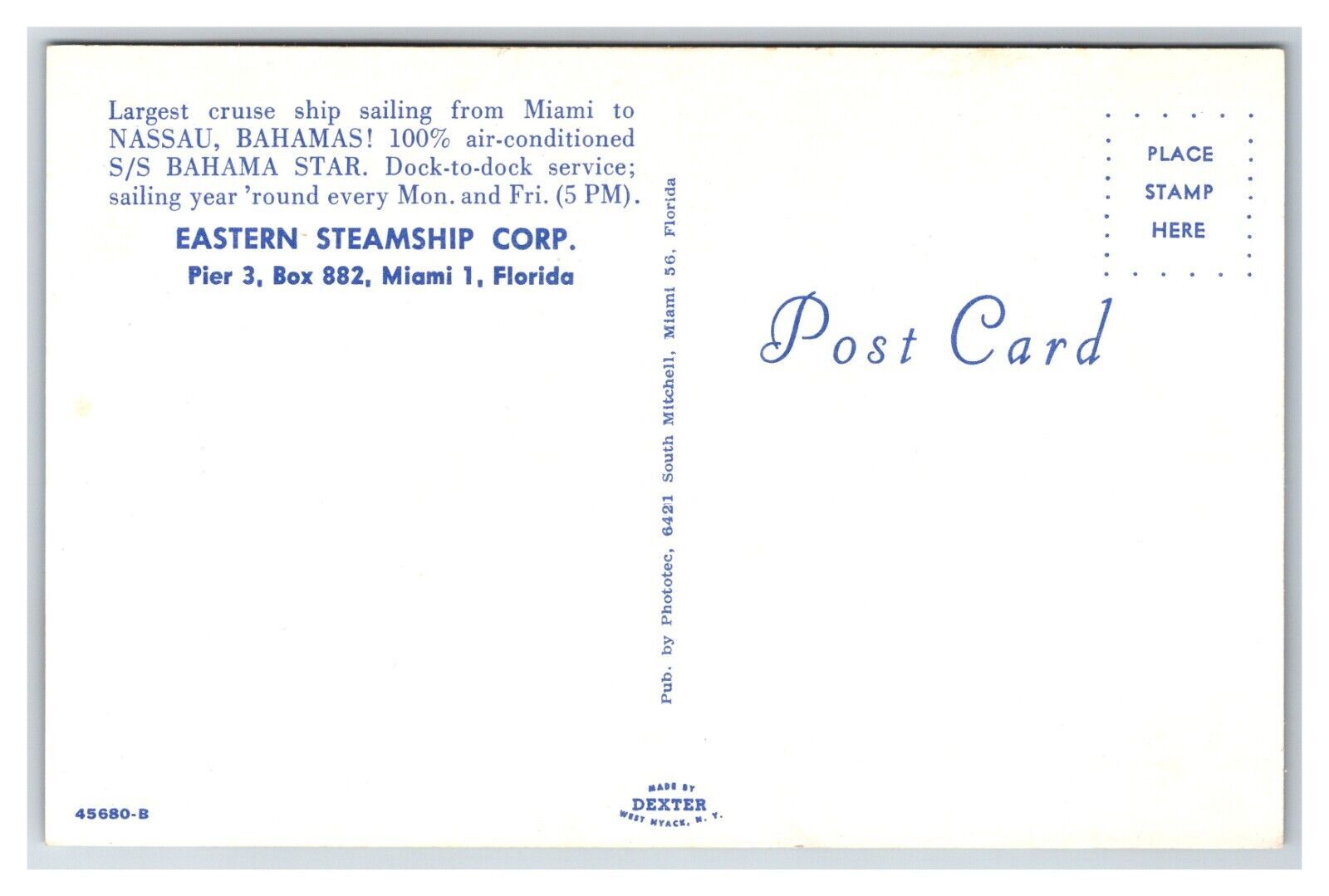 Eastern Steamship Lines Issued SS Bahama Star Ship UNP Chrome Postcard ...