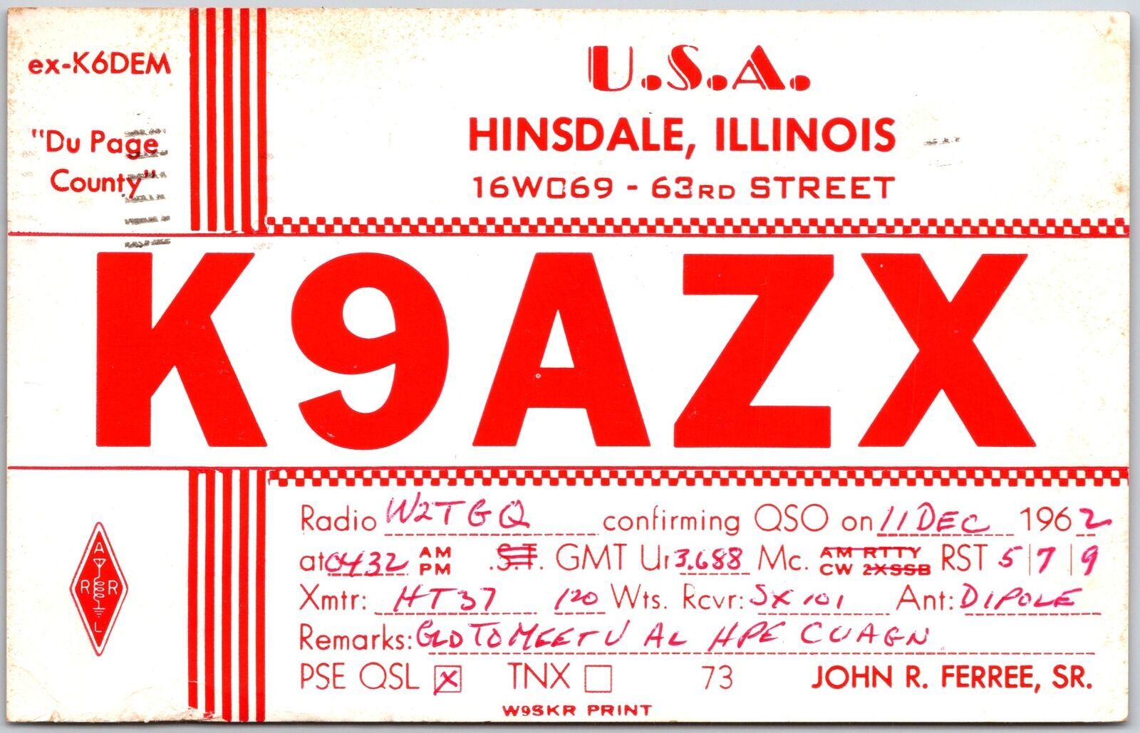 1962 QSL Radio Card K9AZX Hinsdale IL Amateur Radio Station Posted ...