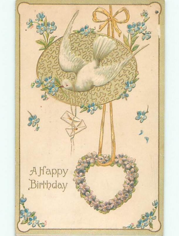 Pre-Linen Dove Bird Carries Forget-Me-Not Flowers Plus Heart of Flowers ...