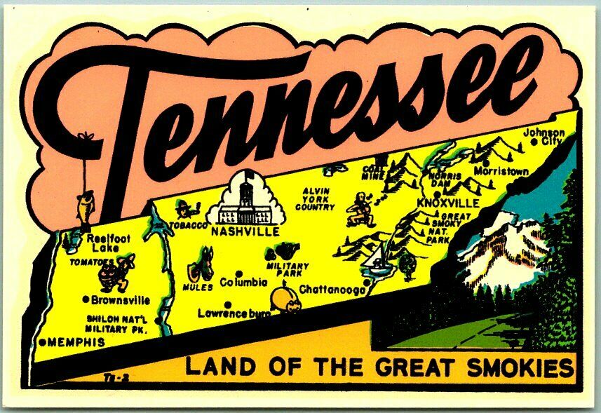 Tennessee STICKER DECAL Ephemera "Land of the Great Smokies" State Map ...