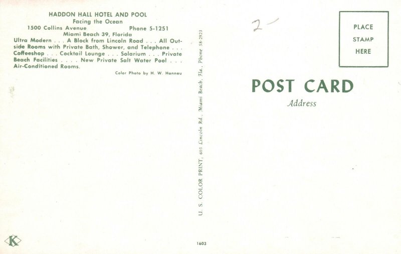 Vintage Postcard Haddon Hall Hotel and Pool Facing Ocean Miami Beach ...