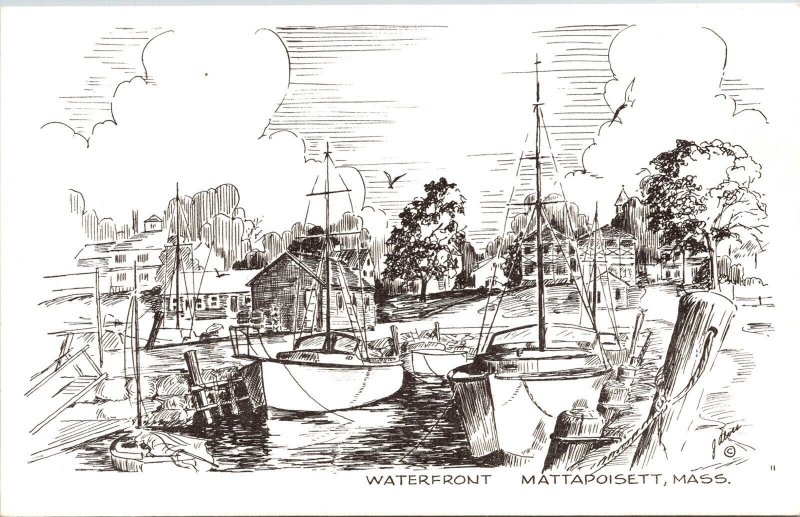 Mattapoisett Massachusetts Drawing Waterfront Docks Ships Ocean DB ...