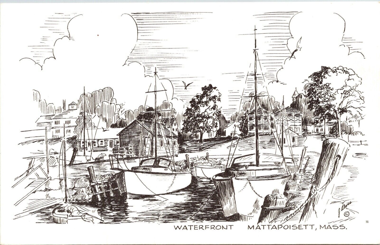Mattapoisett Massachusetts Drawing Waterfront Docks Ships Ocean DB ...