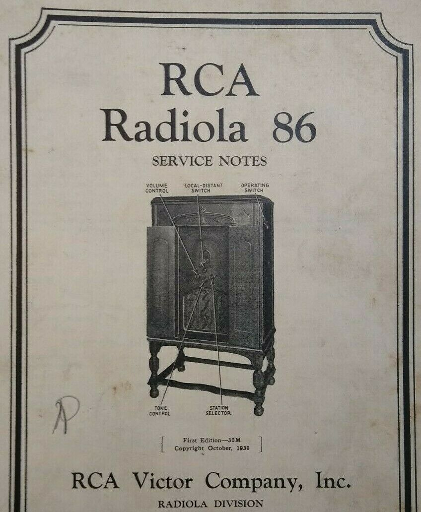 RCA Radiola 86 Vintage Original 1930 Service Notes Manual Radio Victor ...