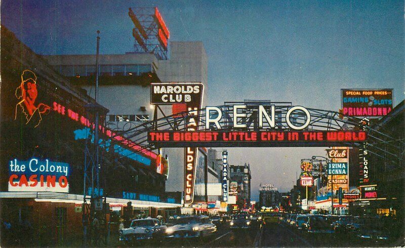 Automobiles 1950s Night Neon Reno Arch Virginia Street Postcard Sierra ...