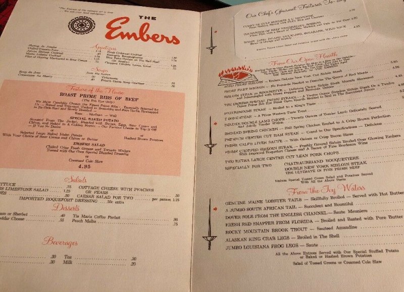 Vintage 60s THE EMBERS Restaurant Menu Indianapolis IN Indiana N ...