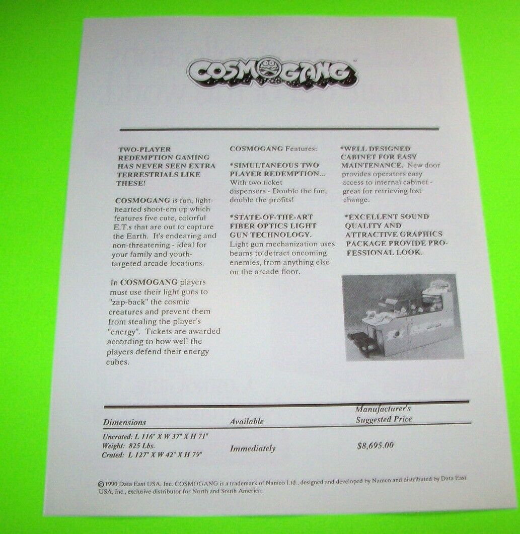 Cosmo Gang Arcade FLYER Original 1990 NOS Redemption Art Print Sheet ...