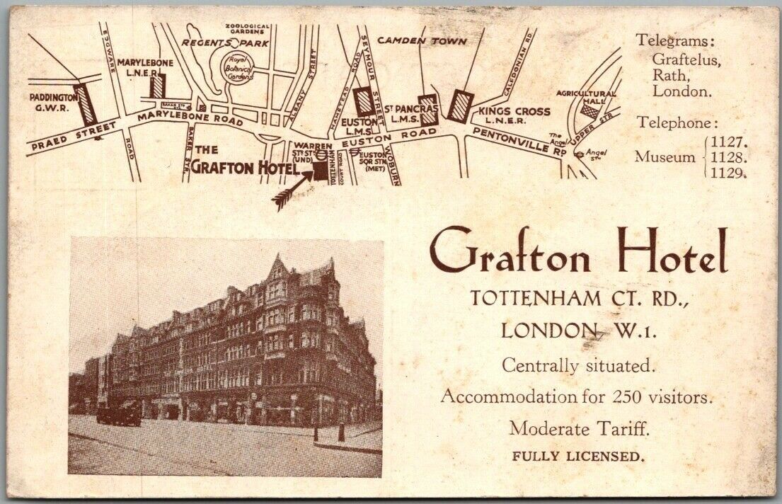 Vintage 1930s LONDON England UK Postcard GRAFTON HOTEL Street View ...