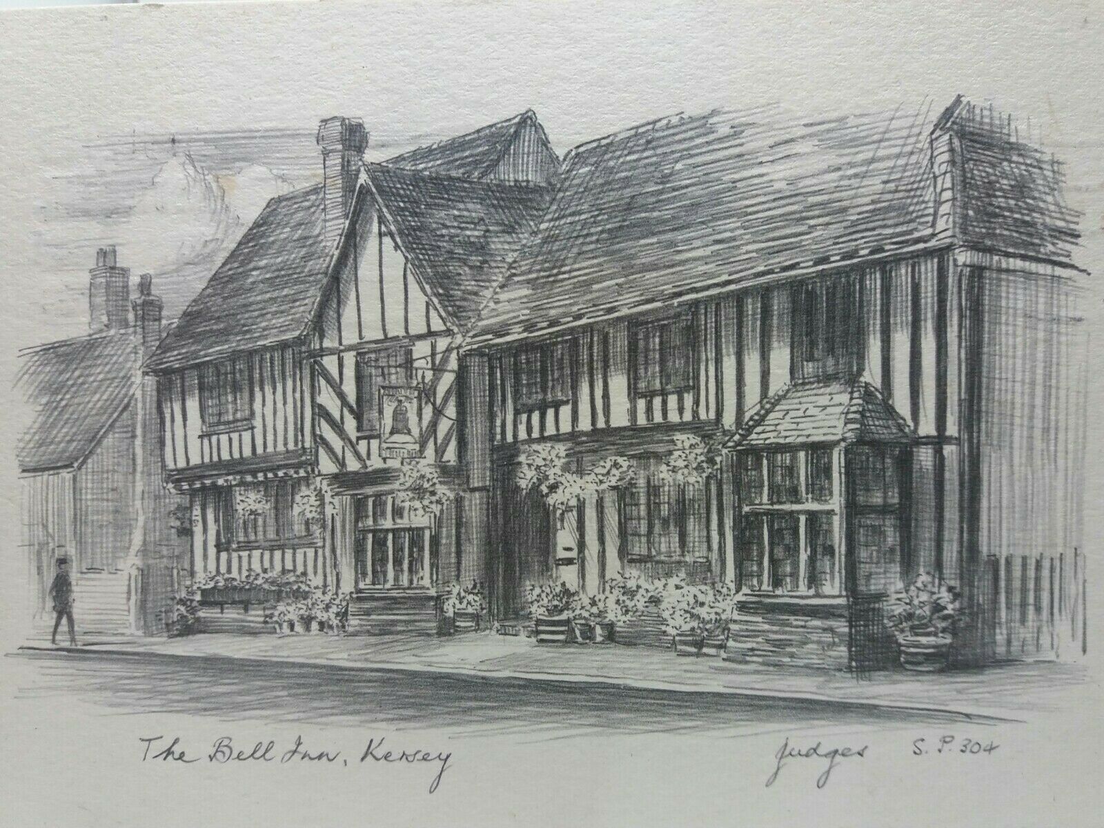 Vintage PostCard Sketch Drawing of The Bell Inn Kersey Ipswich Posted ...