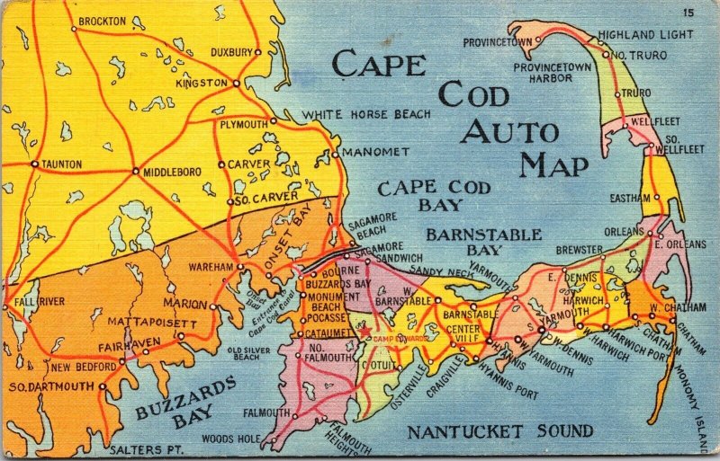 Cape Cod Auto Map Massachusetts Roadways Ocean Towns State Linen ...