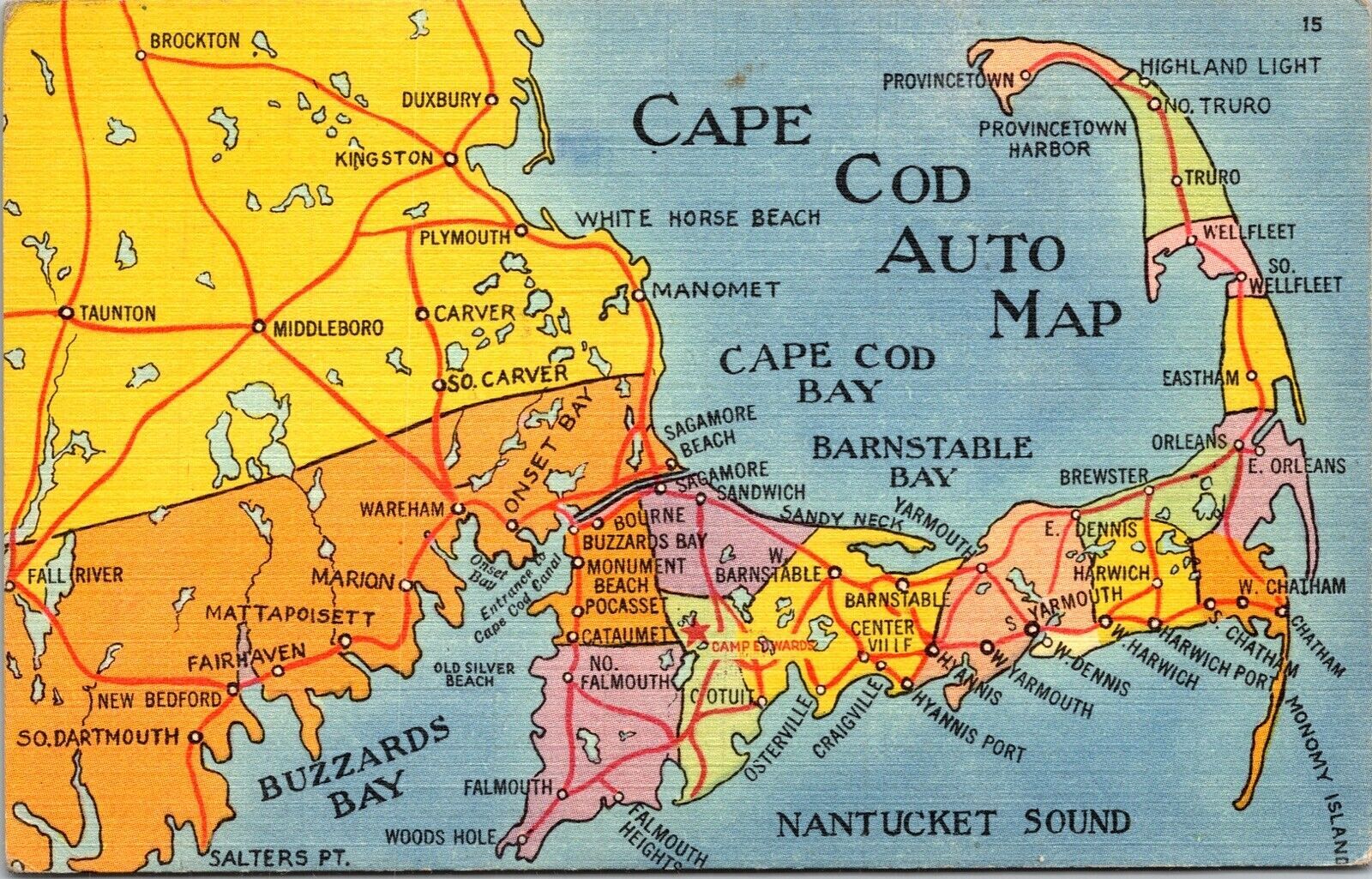 Cape Cod Auto Map Massachusetts Roadways Ocean Towns State Linen ...