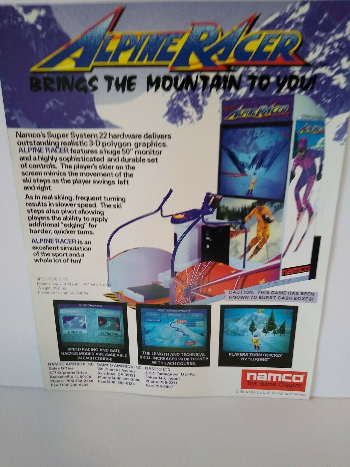 Alpine Racer Arcade FLYER Original 1995 NOS Video Game Skiing Sport ...