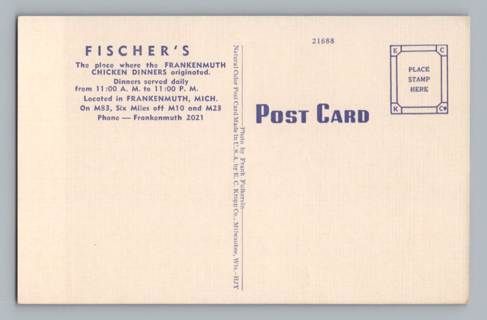 Fischer's Famous Chicken Steak Fish Chops Frankenmuth Michigan Vintage ...