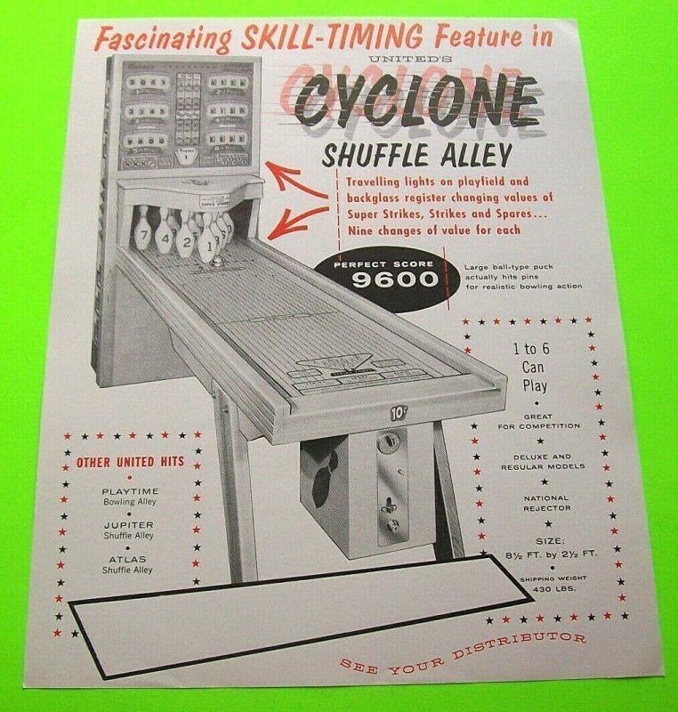 Cyclone Arcade Flyer 1958 United Shuffle Alley Bowling Alley Game Art 8 ...